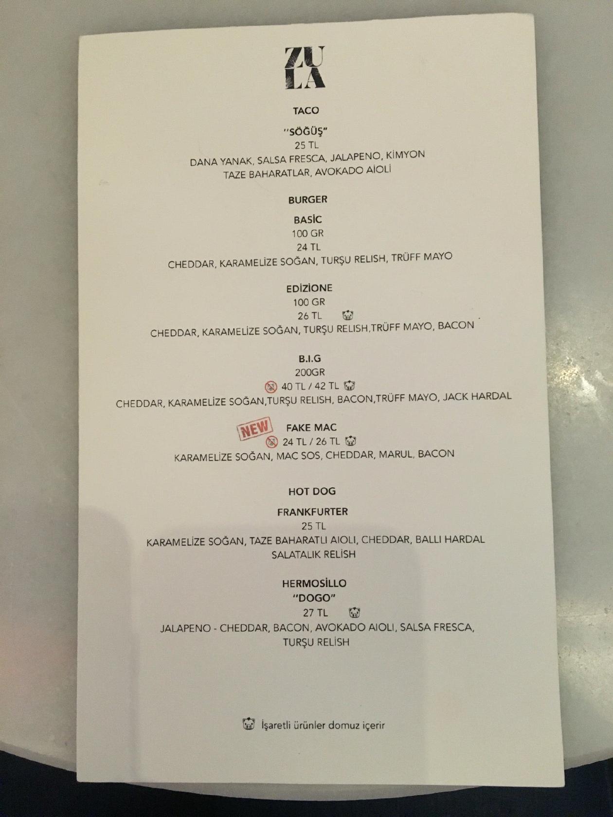 Menu at Zula istanbul, Istanbul, Harbiye Çayırı Sk. 101a