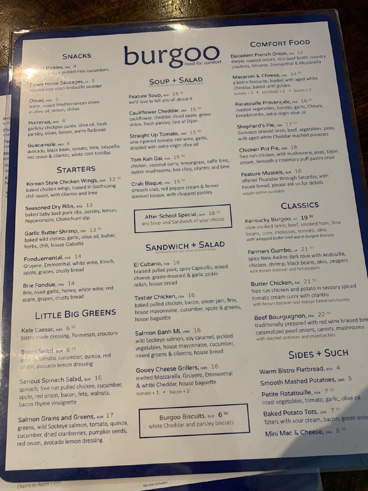 Menu at Burgoo pub & bar, Vancouver, 101-1100 Burrard St