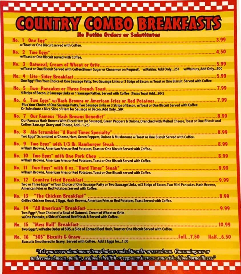 Menu at Hard Times Family Restaurant, Decatur