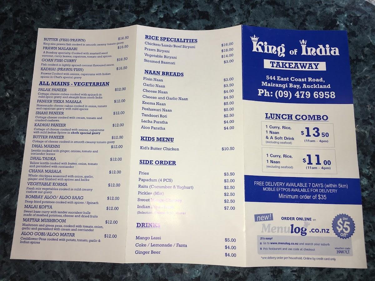 Menu at King of India restaurant, Auckland
