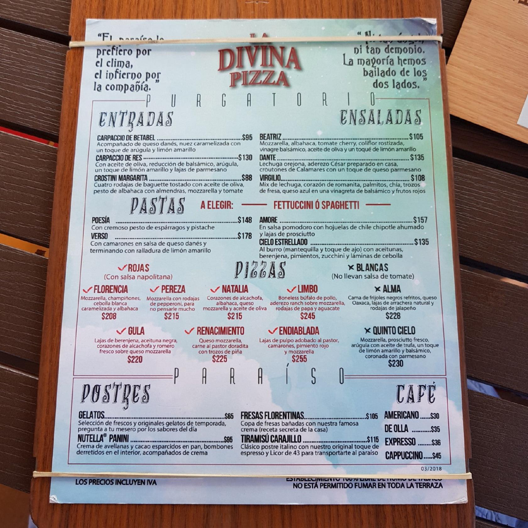 Menu at La Divina Pizza restaurant, Monterrey