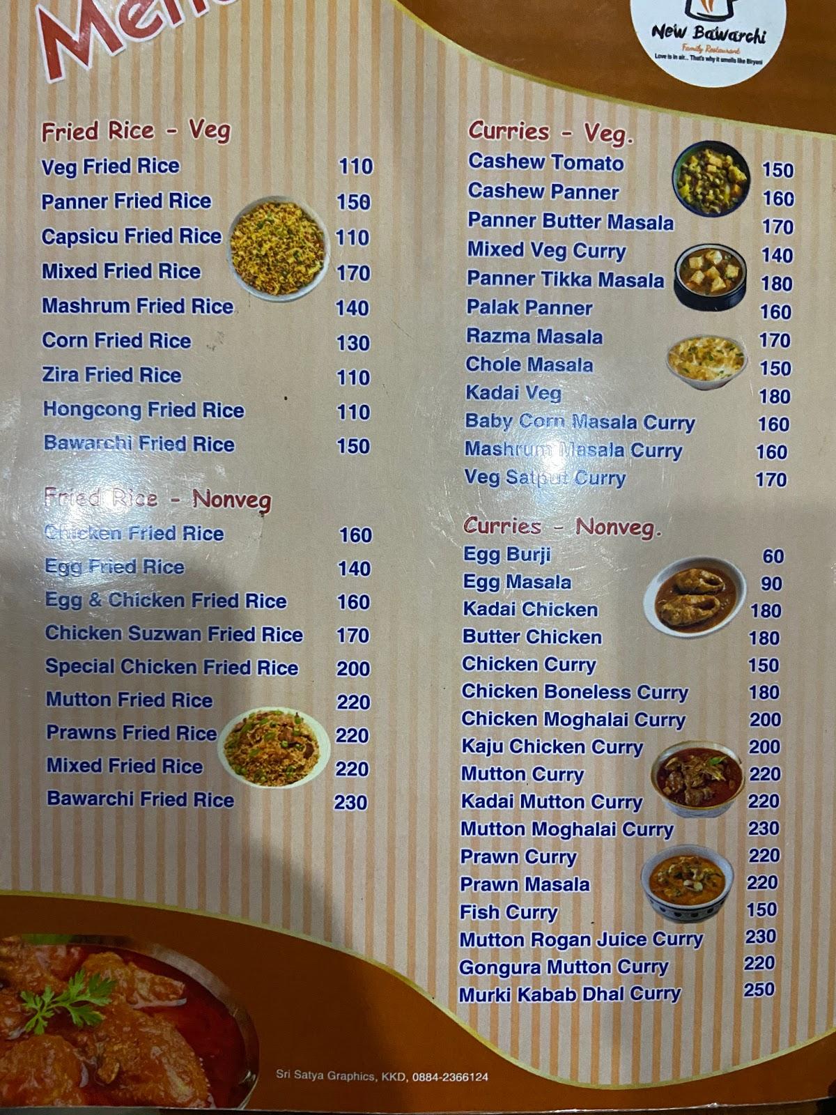 Menu at New Bawarchi, Kakinada