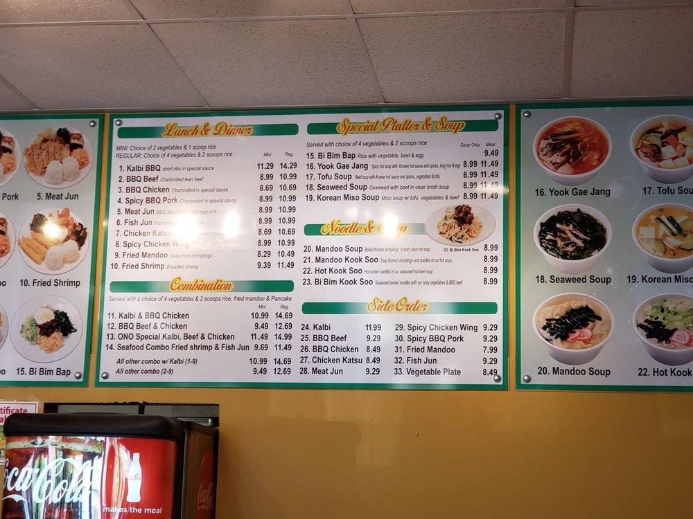 Menu at Ono Korean BBQ, Honolulu
