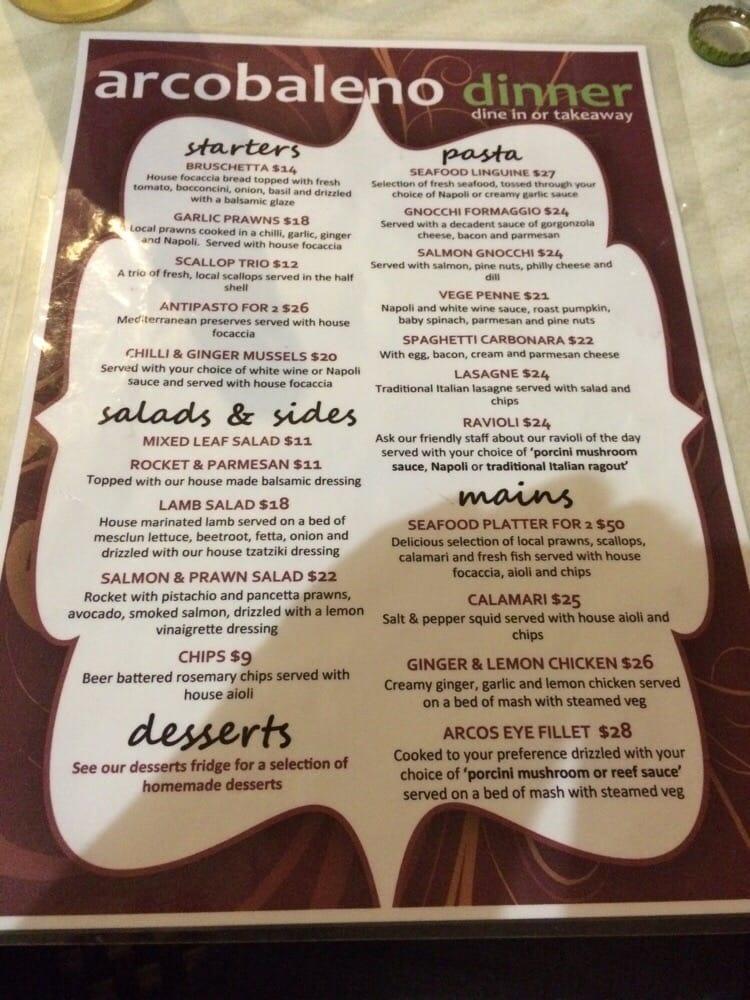 Menu at Arcobaleno on the Beach restaurant, Rainbow Beach