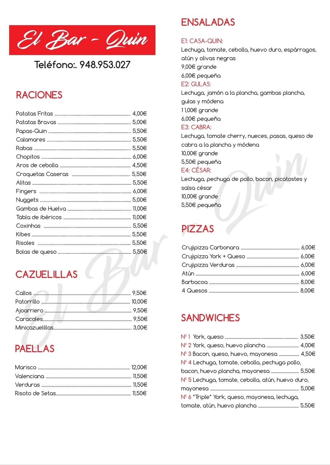 Menu at Bar Quin, Corella