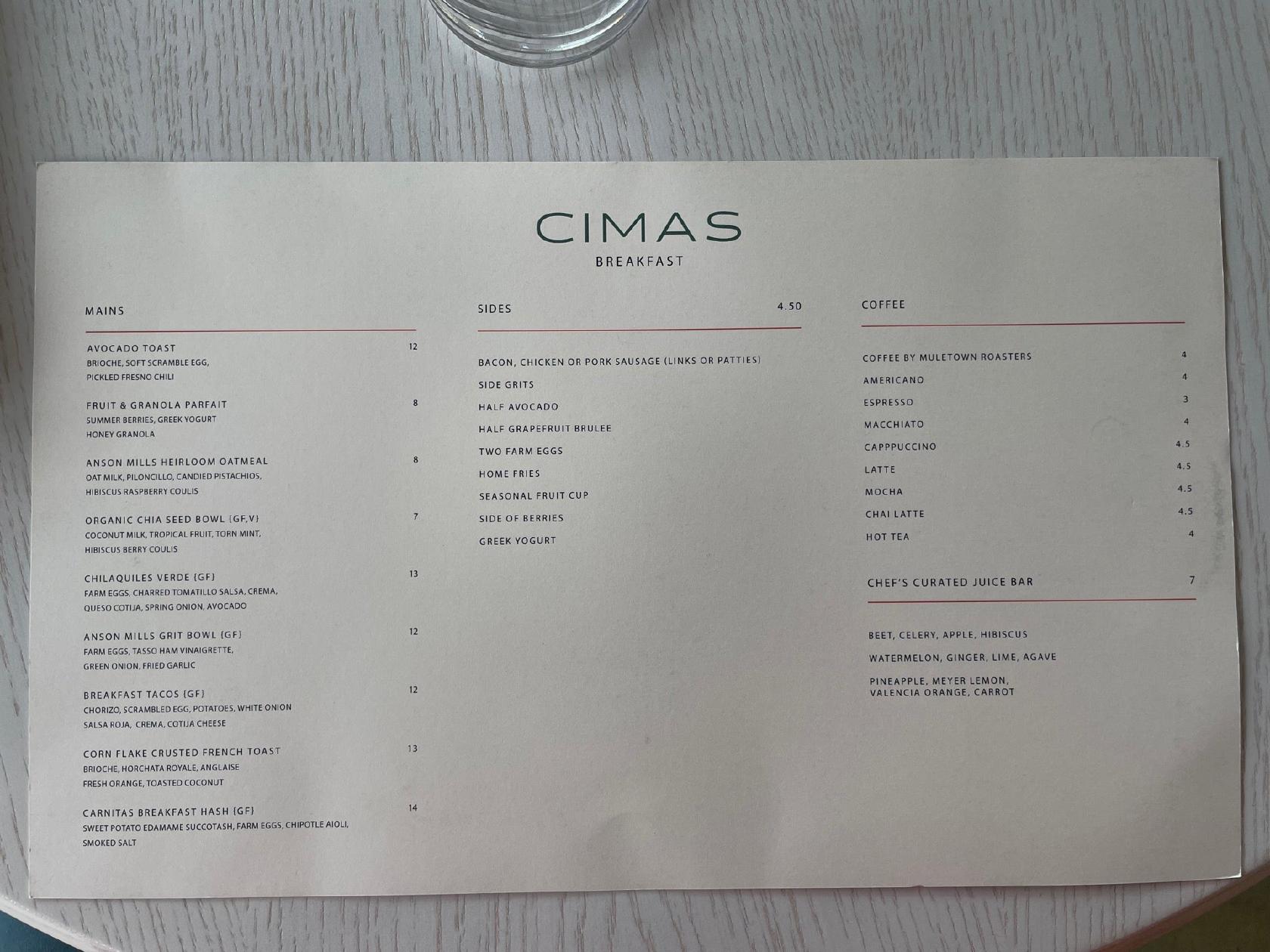 Menu at CIMAS Restaurant, Memphis
