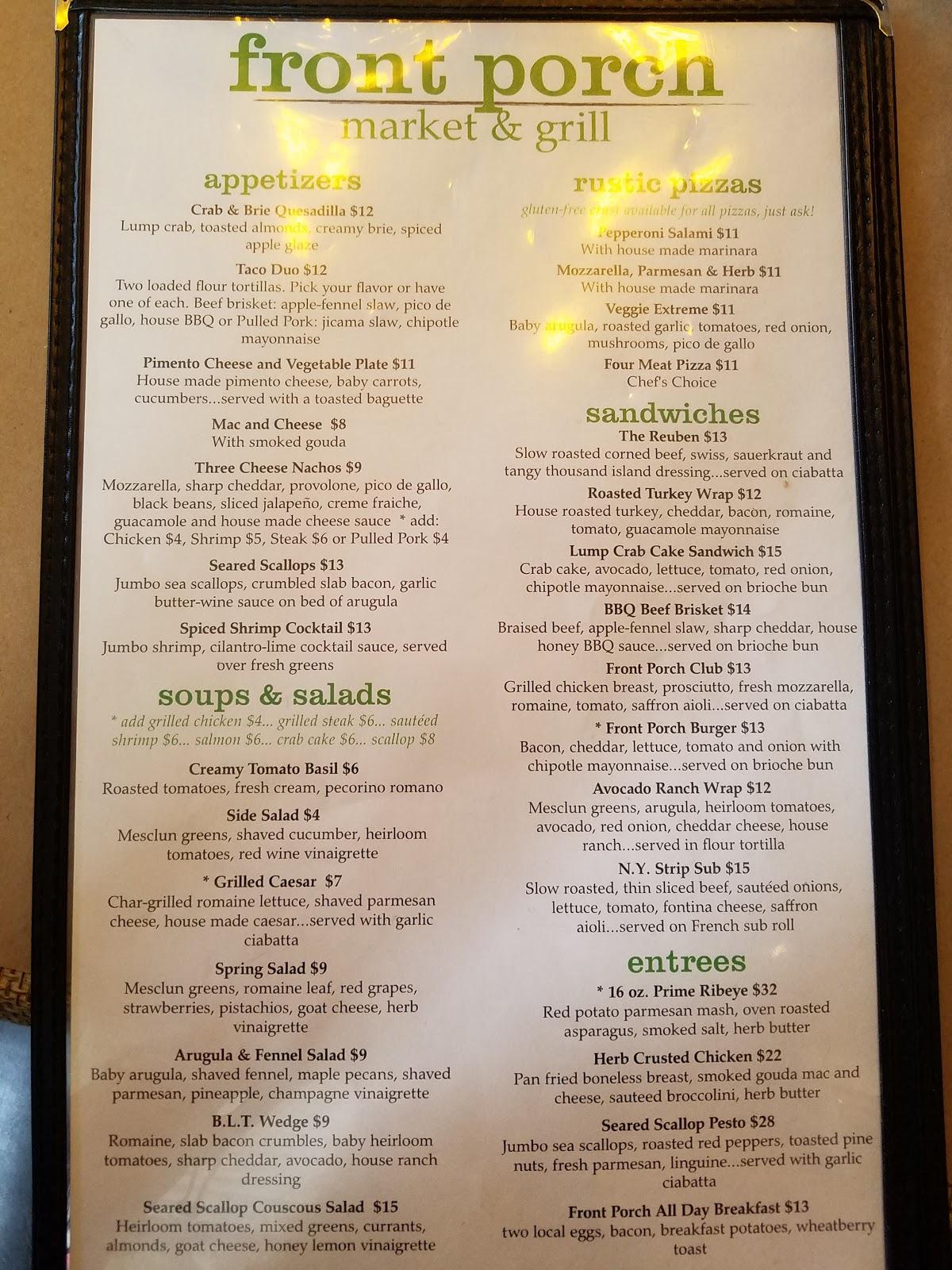 Menu at Front Porch Market & Grill pub & bar, The Plains