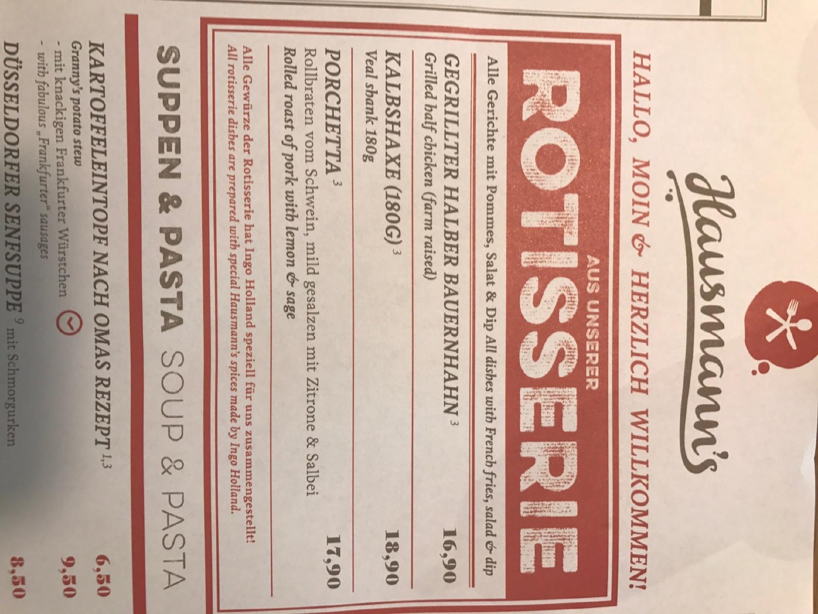 Menu at Hausmann's Düsseldorf Flughafen restaurant, Düsseldorf ...