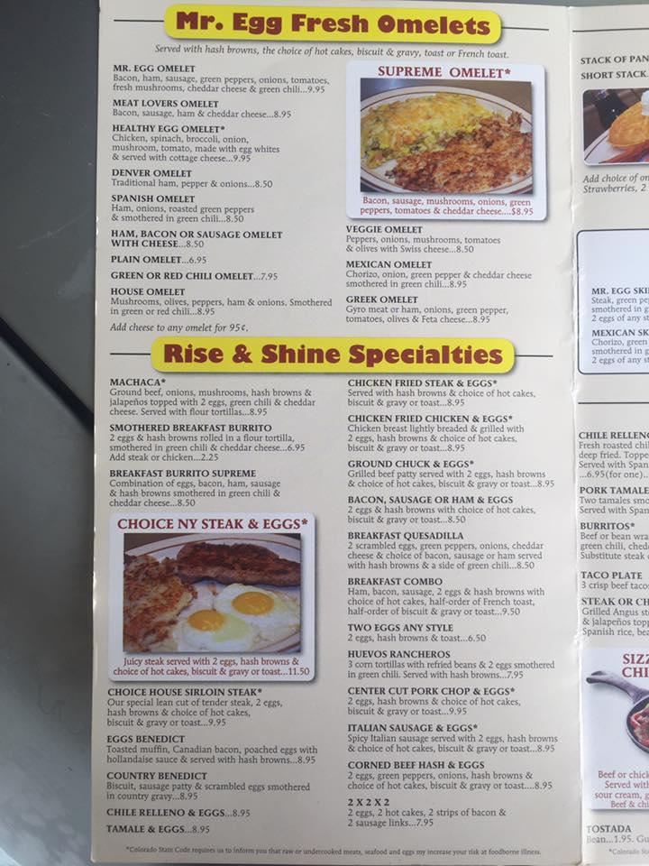 Menu at Mr. Egg restaurant, Denver