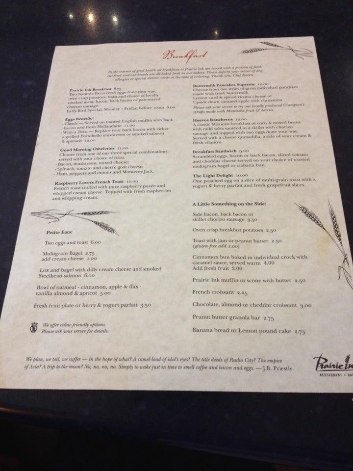 Menu at Prairie Ink restaurant, Winnipeg