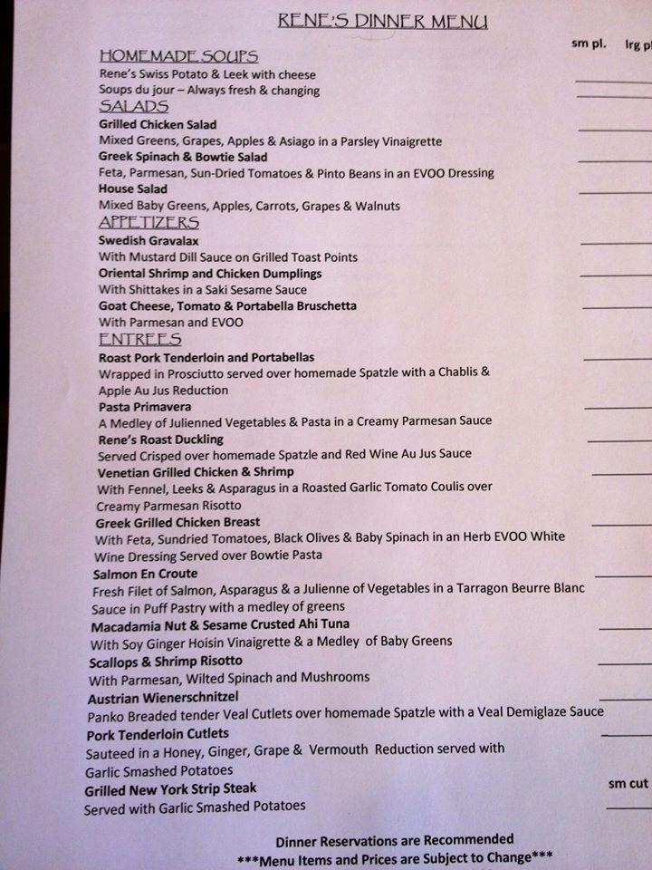 Menu at Rene's restaurant, Glens Falls