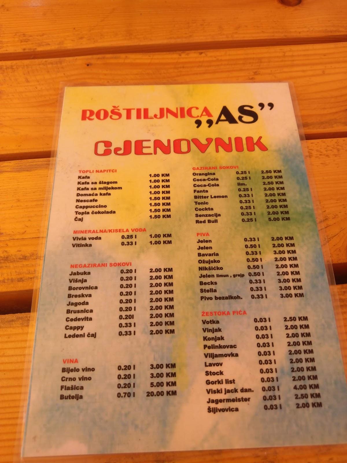 Menu at Roštiljaonica AS restaurant, Brod