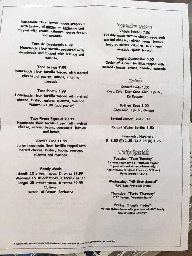 Menu at Santi's Tacos restaurant, San Marcos