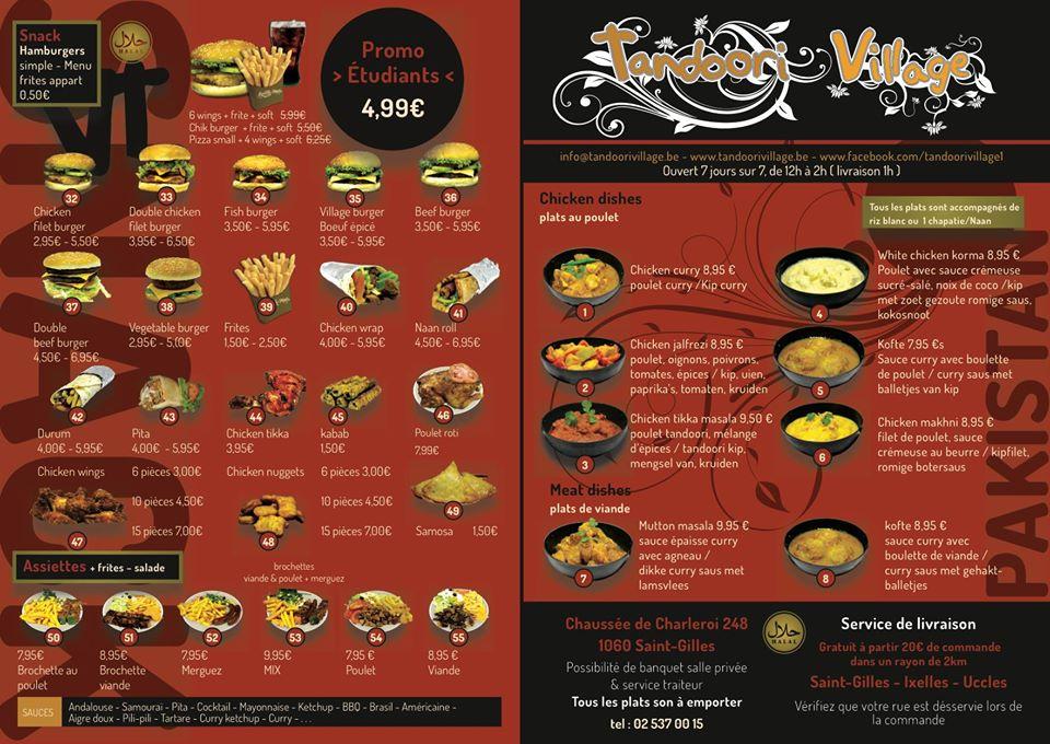 Menu at Tandoori Village, Saint-Gilles