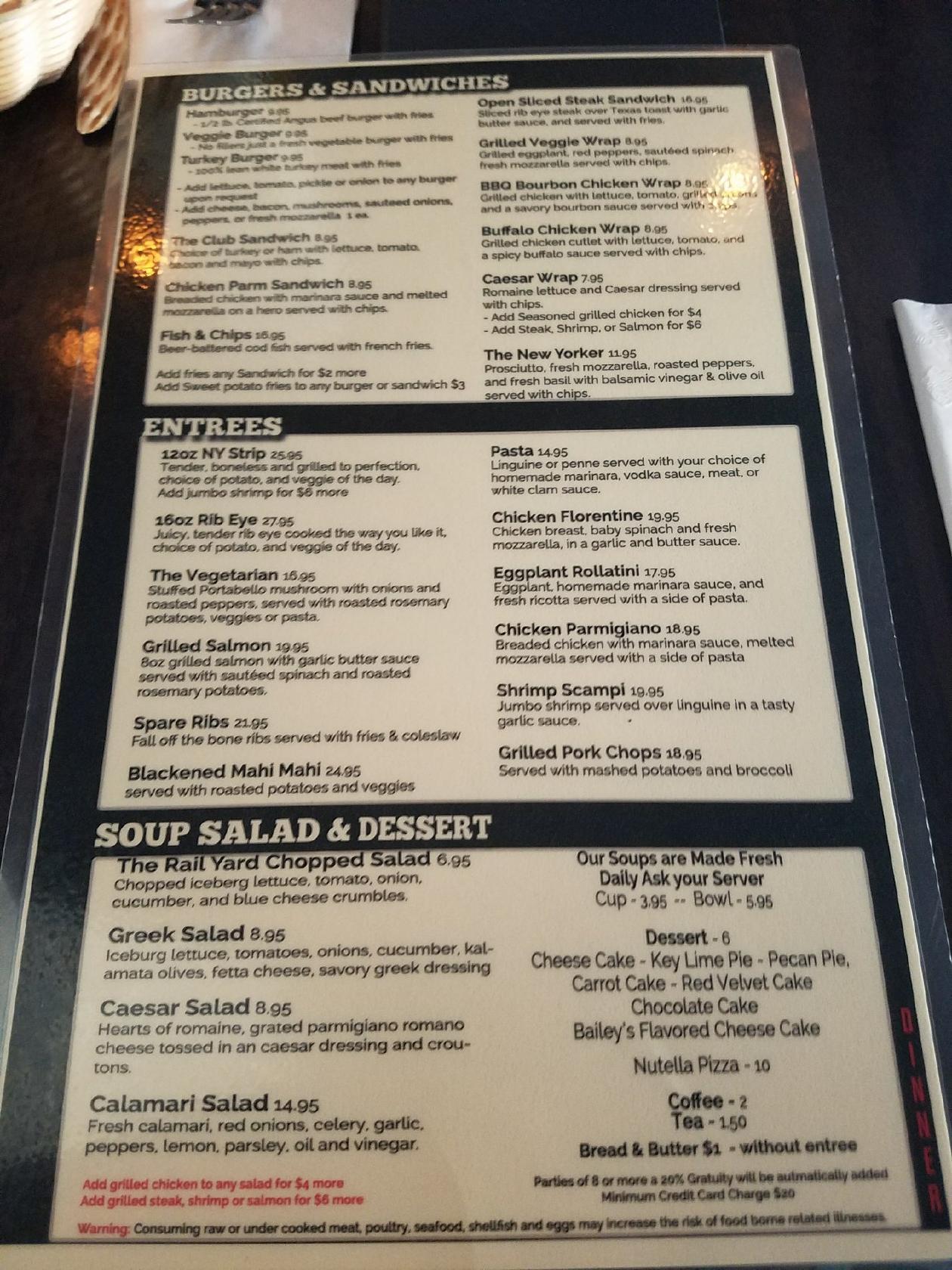 Carta del pub y bar The Railyard Tavern, Fair Lawn