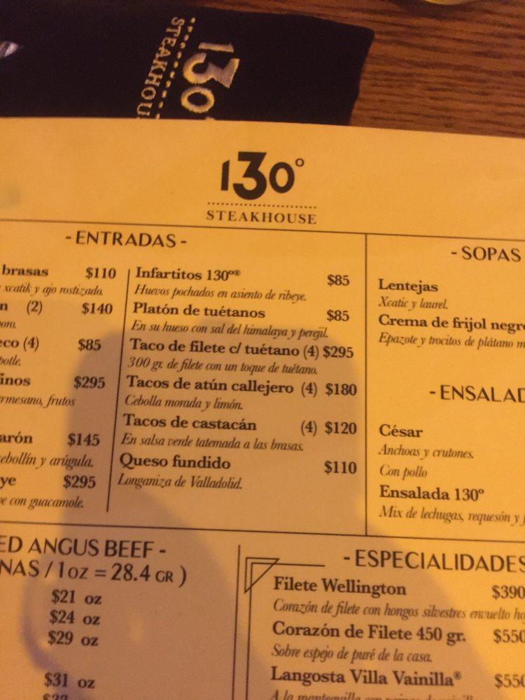 Carta de 130 Grados Steakhouse Mérida, Merida