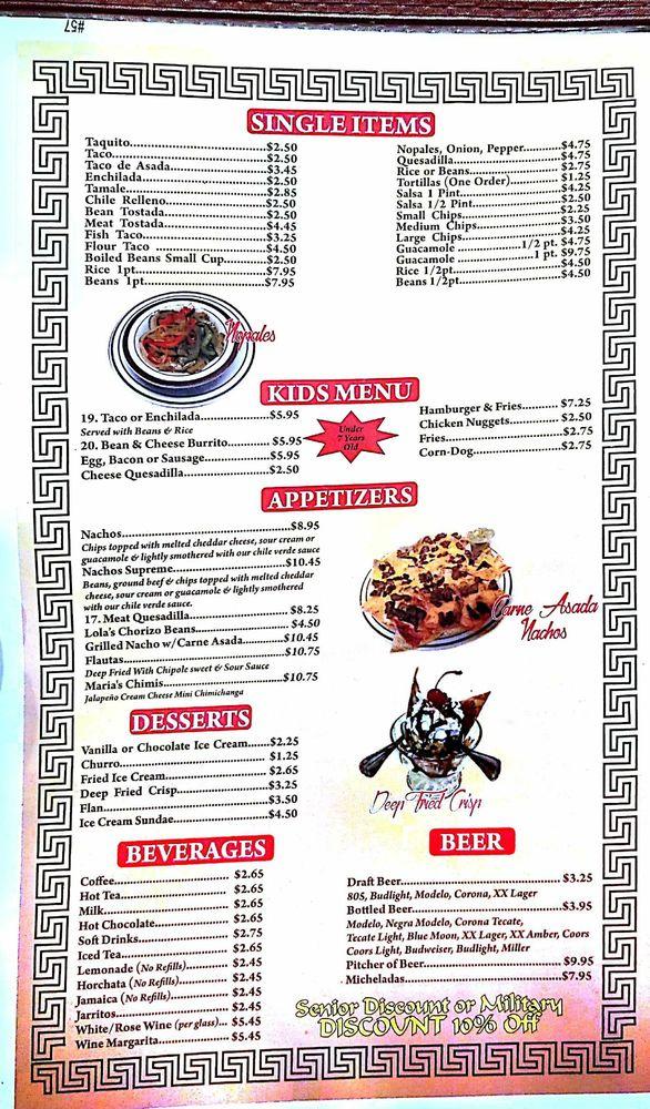 Menu at Casa Maria restaurant, Clovis