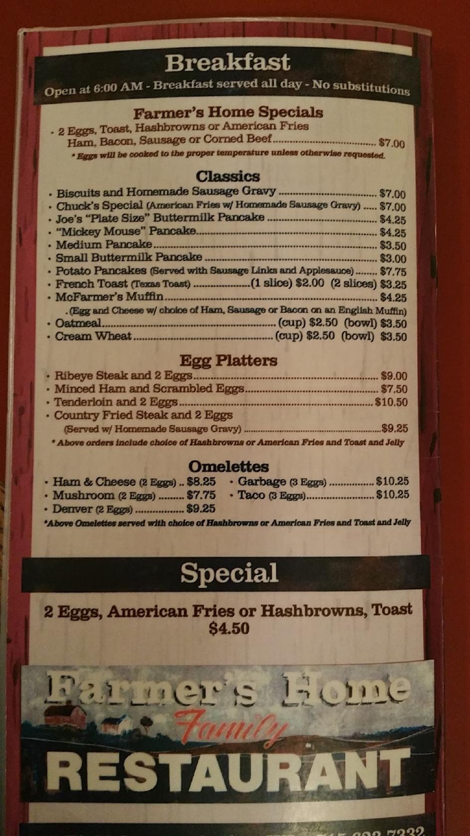 Menu at Farmers Home Restaurant, Antigo