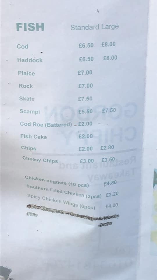 Menu at Gordon Chippy steakhouse, Rochester