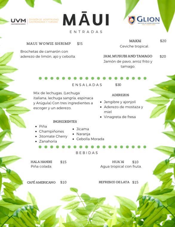 Menu at MAUI restaurant, Toluca