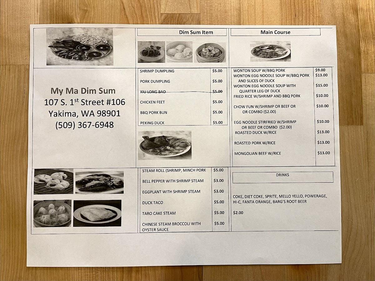 Menu at My Ma Dim Sum restaurant, Yakima