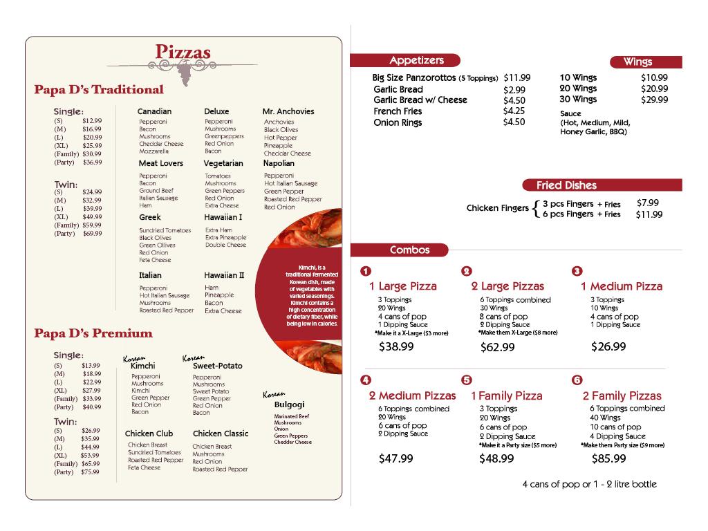 Menu at Papa D's Pizza & Variety pizzeria, East Gwillimbury