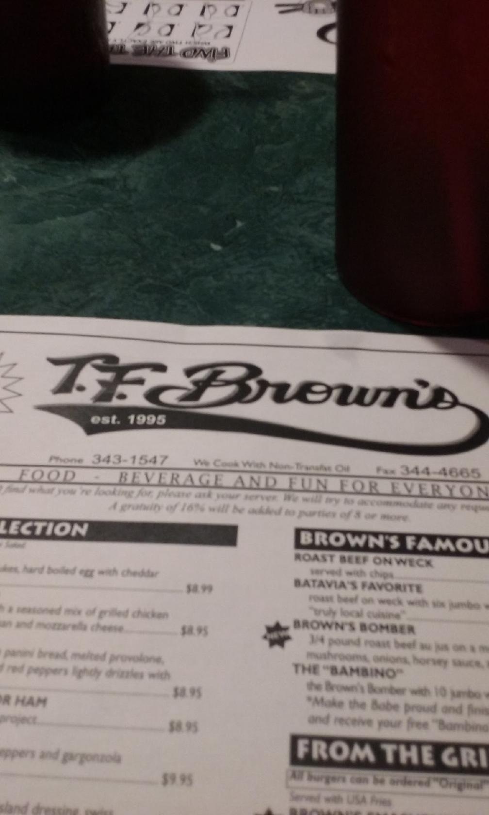 Menu at T F Brown's Restaurant, Batavia