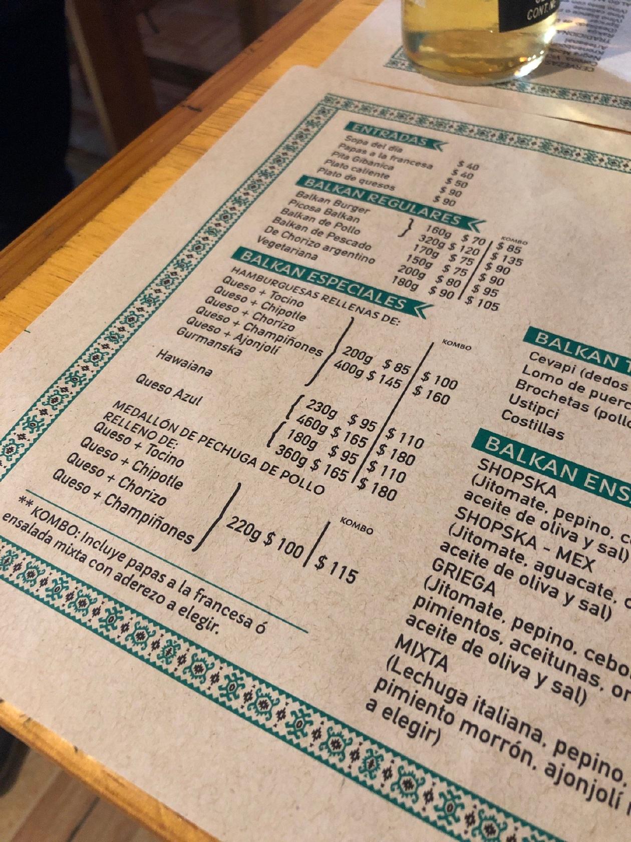 Menu at Balkan Grill restaurant, Mexico City