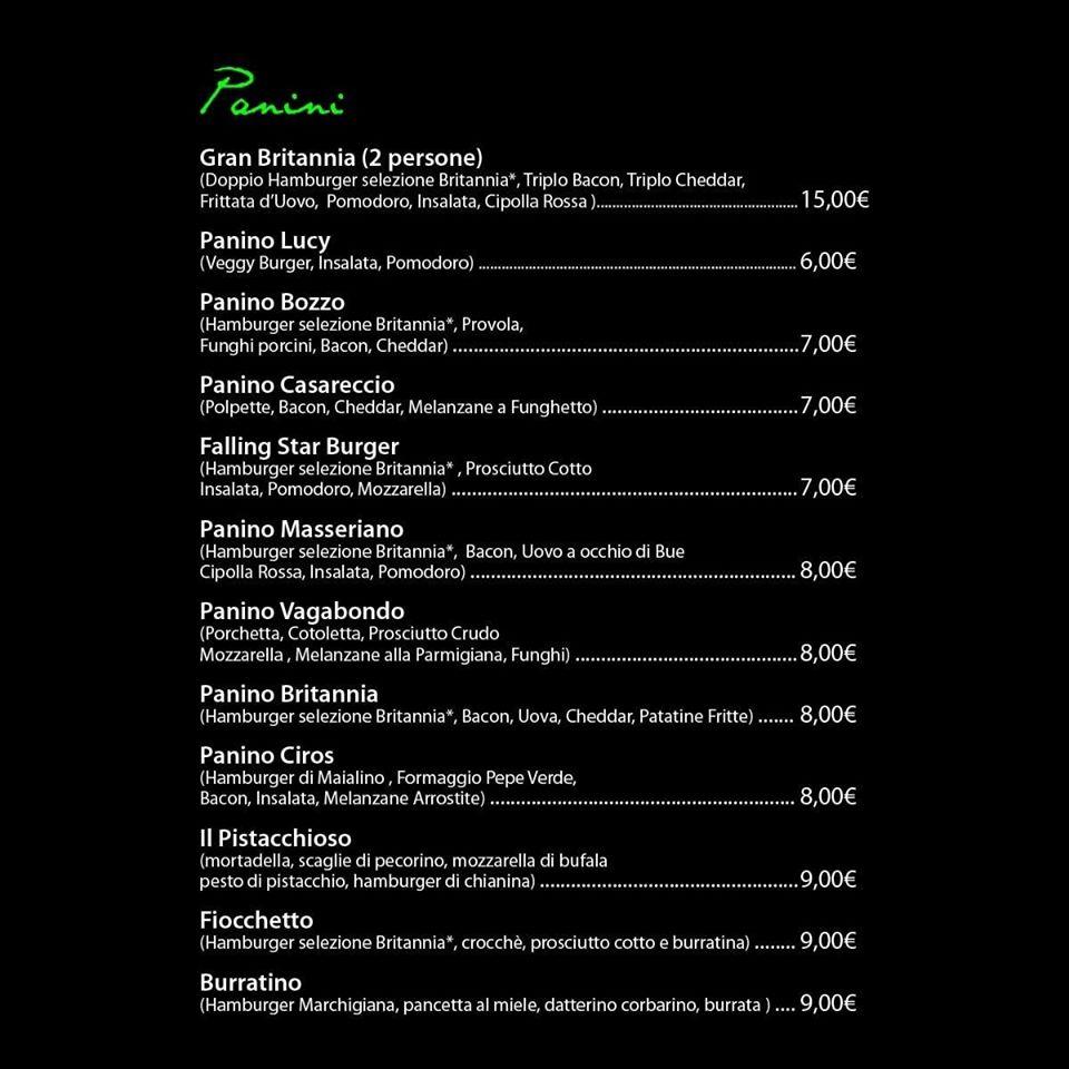 Menu at Britannia by Vagabondo pub & bar, San Vitaliano