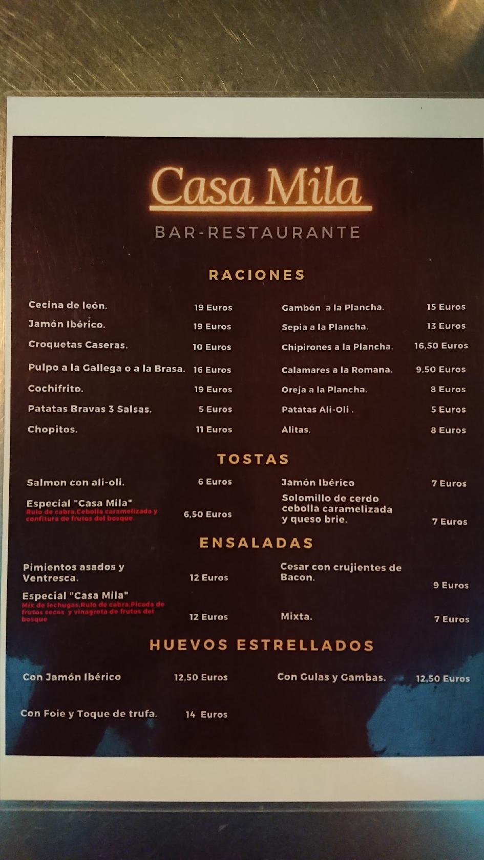 Carta del pub y bar Casa Mila, Escalona