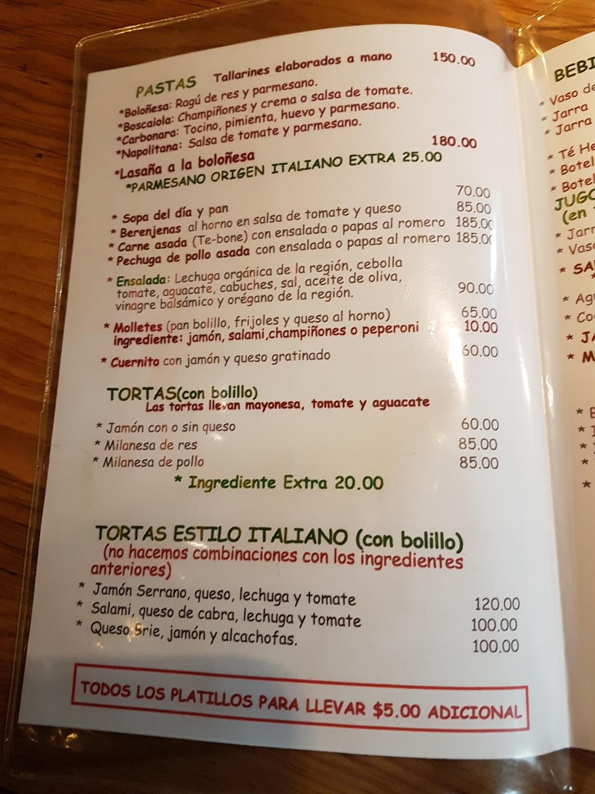 Carta del restaurante El cactus, Real del Catorce