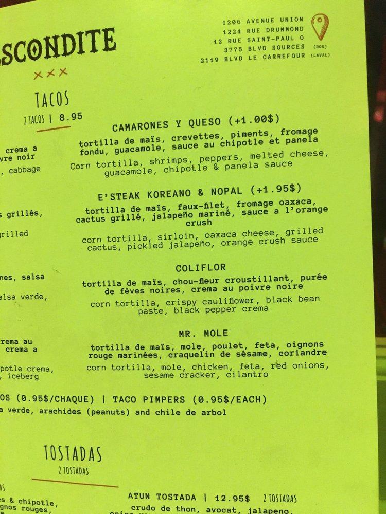 Menu at Escondite Vieux Port restaurant, Montréal, 12 Saint-Paul St W