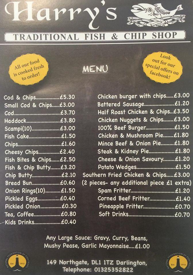 Menu at Harry's Fish & Chip Shop restaurant, Darlington