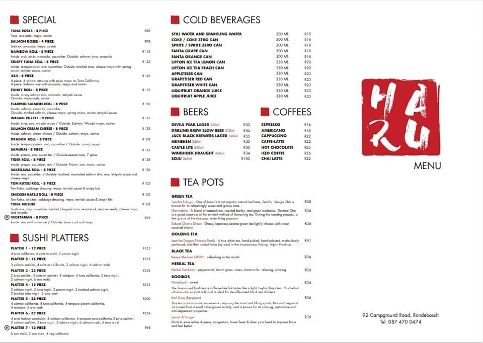 Menu at Haru restaurant, Cape Town