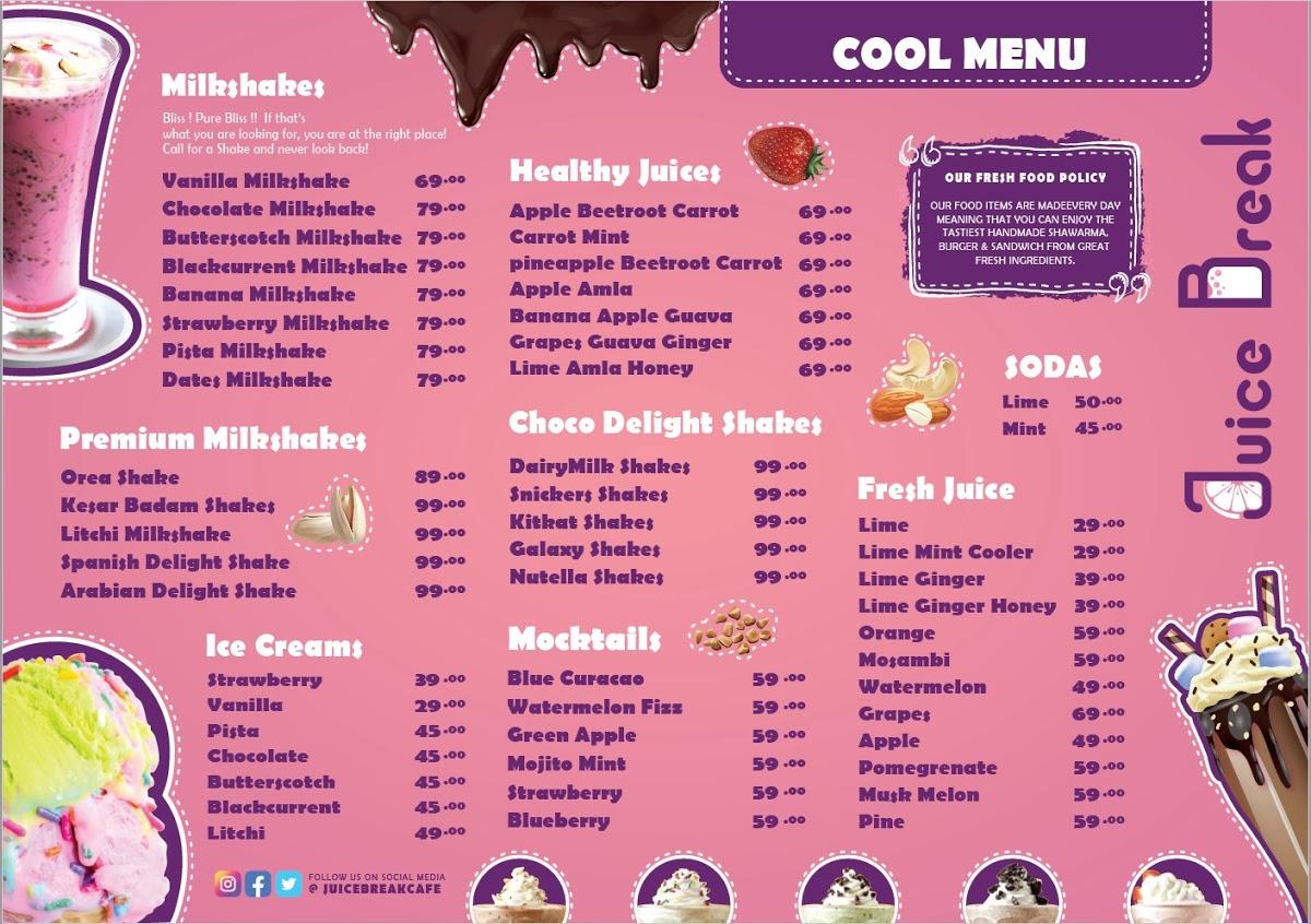 Menu at Juice Break, Karaikal