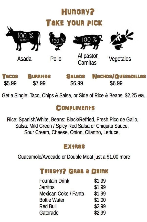 Menu at La Chiquita Taqueria restaurant, Vandenberg Air Force Base