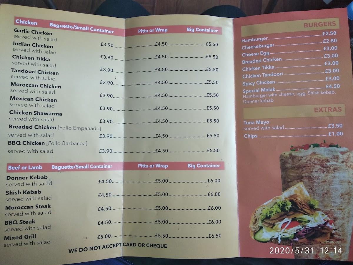Menu at Malak Take-Away fast food, Gibraltar