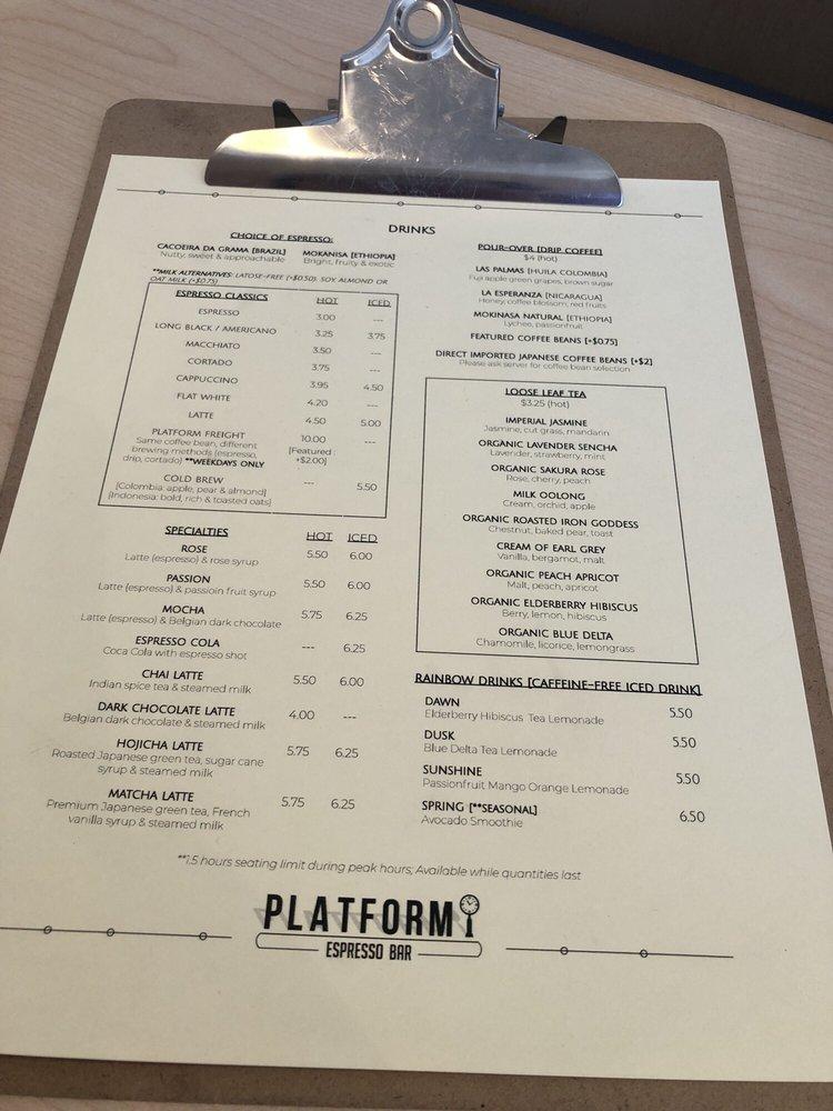 Menu at Platform Espresso Bar, Markham