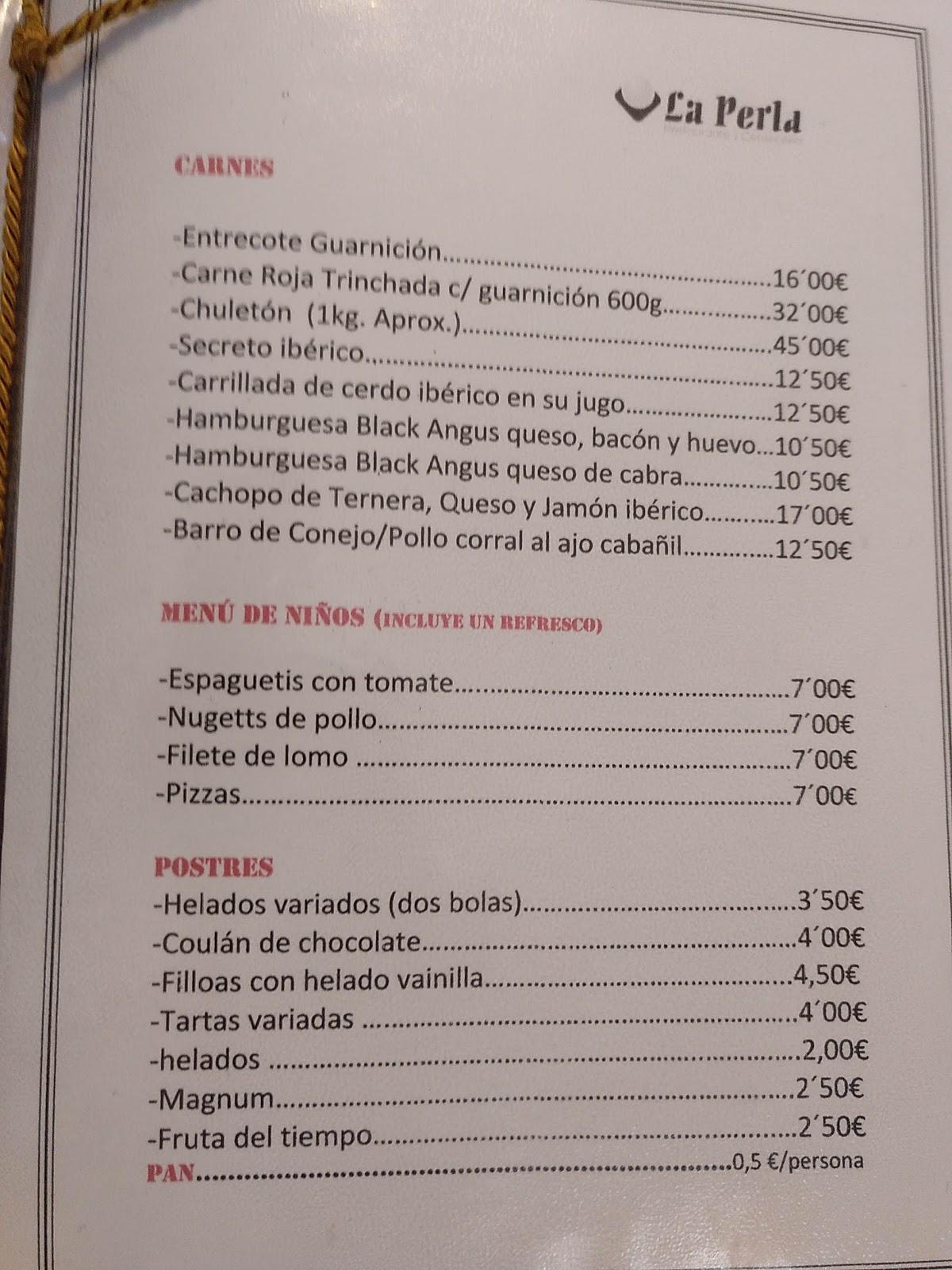 Carta de Restaurante Cervecería LA PERLA, Villanueva del Pardillo, C. Jaral