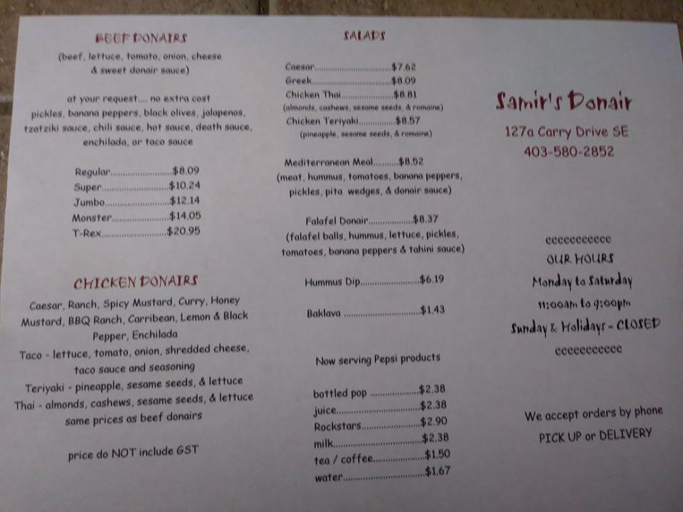 Menu at Samir's Donair restaurant, Medicine Hat