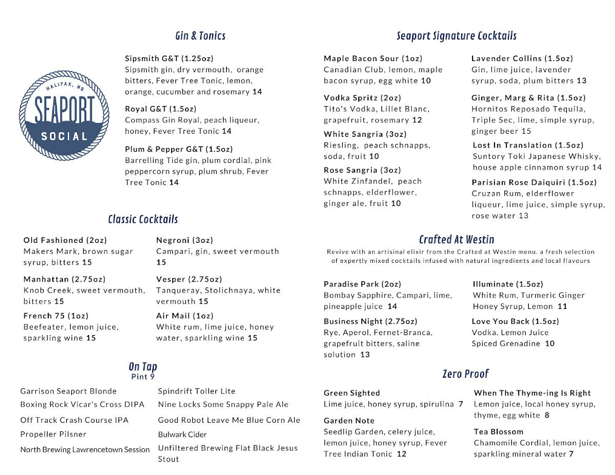 Menu at Seaport Social restaurant, Halifax