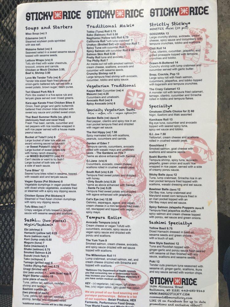 Menu at Sticky Rice restaurant, Baltimore