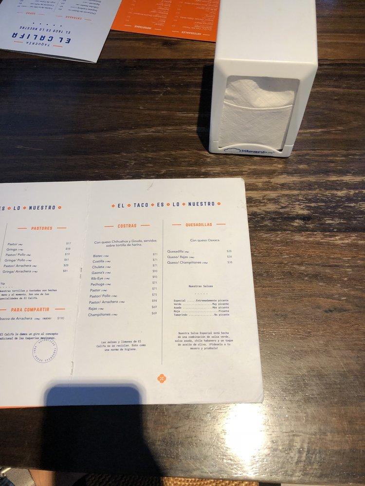 Menu at Taquería El Califa restaurant, Mexico City, Av. P.º de la ...