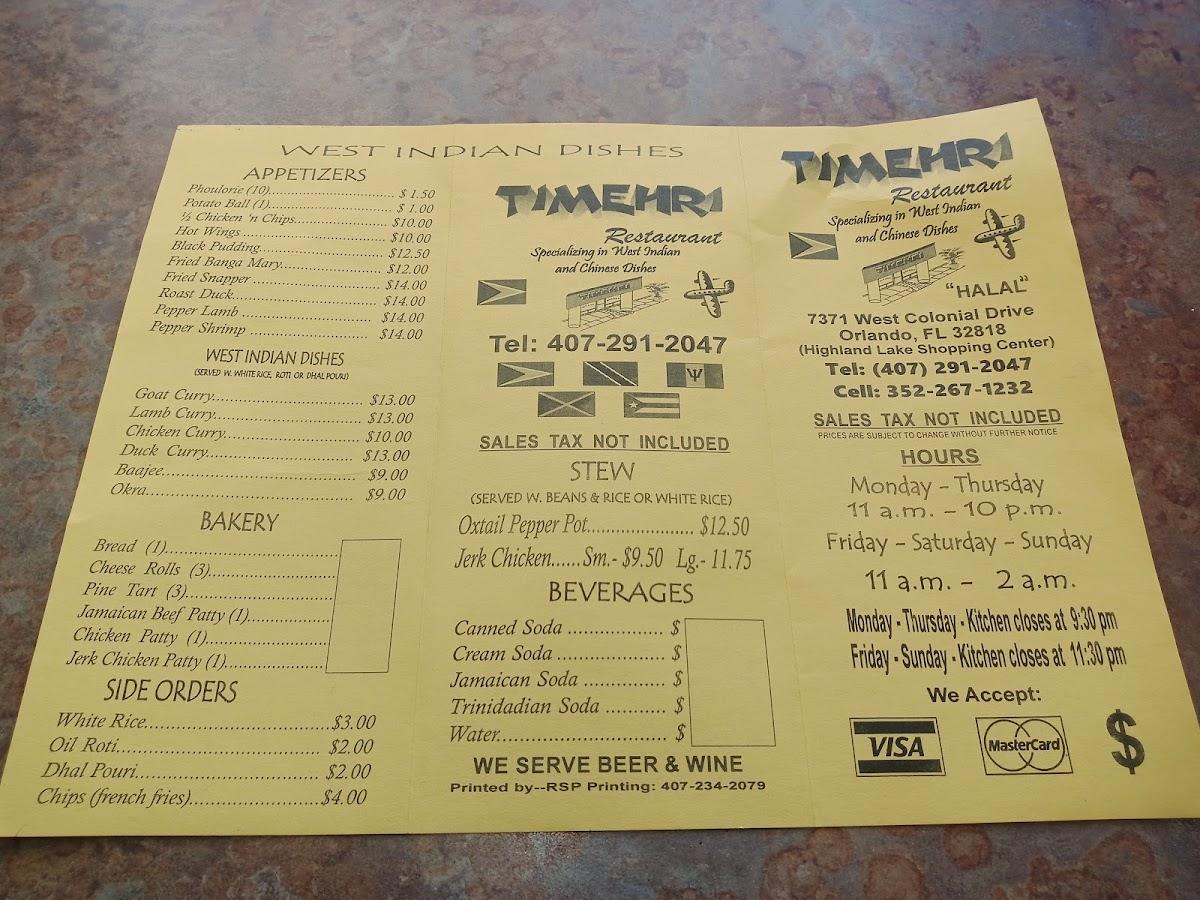Menu at Timehri pub & bar, Orlando