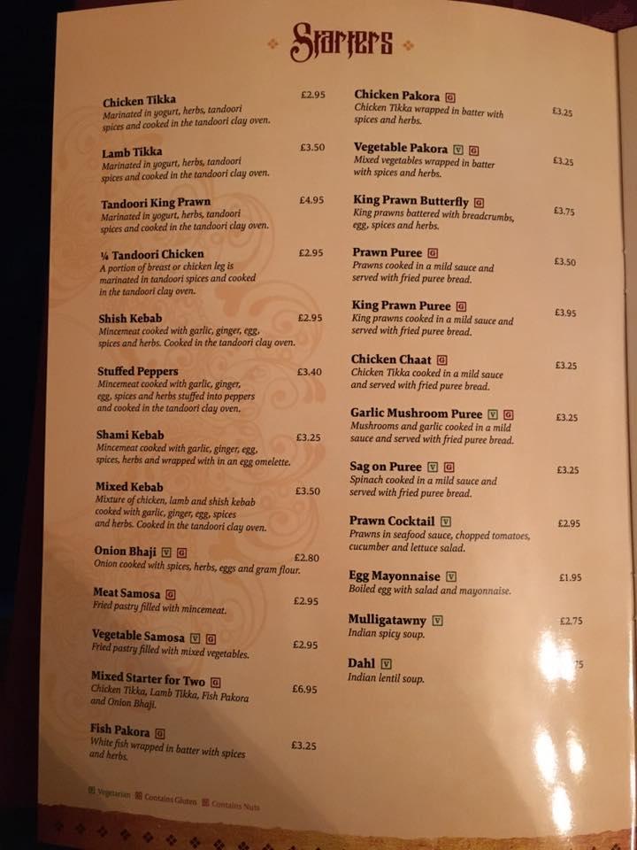 Menu at Agrah restaurant, Cleethorpes