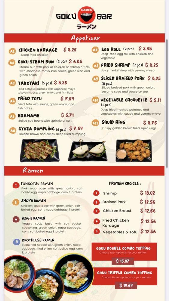 Menu at Gokū Ramen Bar, Maumelle