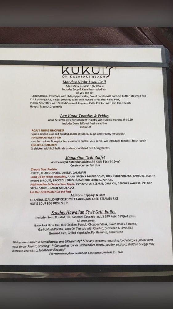 Menu at Kukui's on Kalapaki Beach restaurant, Lihue