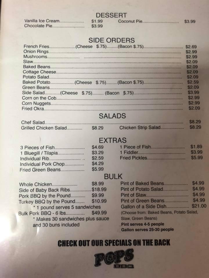Menu at Pop's BBQ, Benton