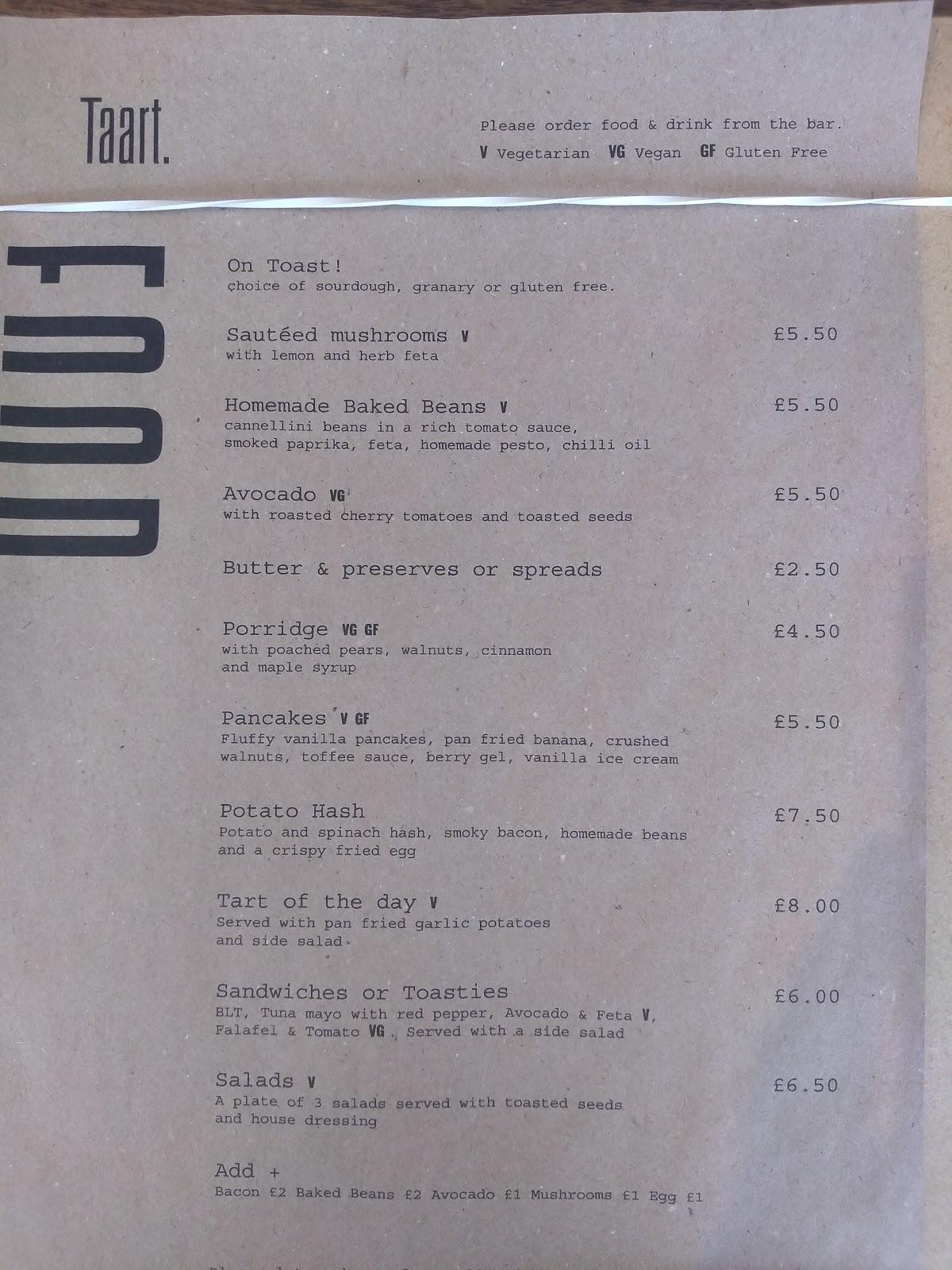 Menu at Taart. cafe, North Petherton