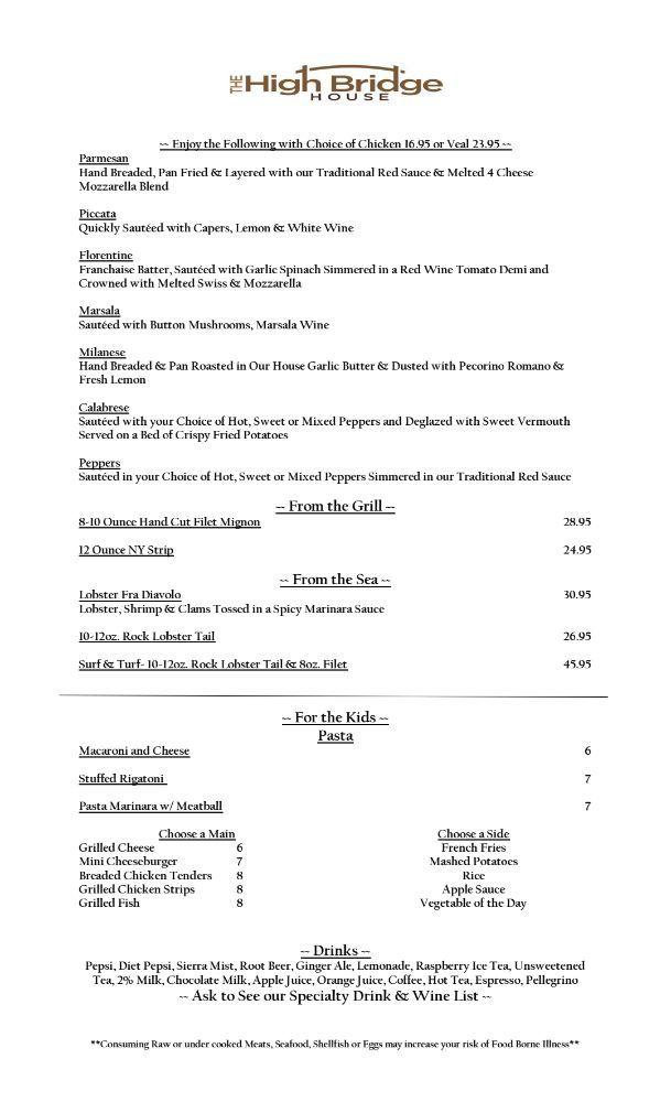 Menu at The High Bridge House pub & bar, Scranton, PA-502